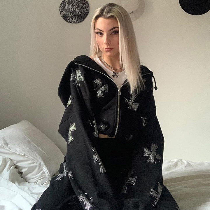 Y2K Rhinestone Cross Zip Hoodie – Pinky Dollz