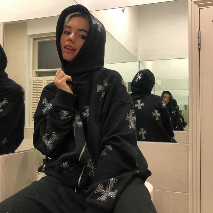 Y2K Rhinestone Cross Zip Hoodie – Pinky Dollz